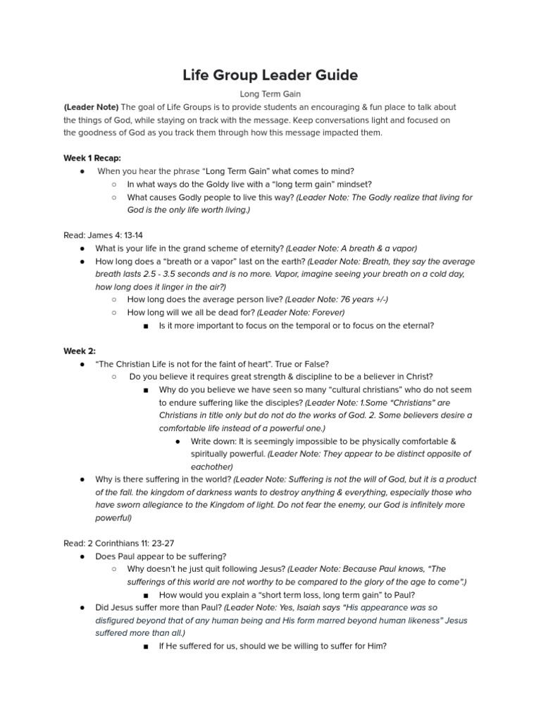 Life Group Leader Guide - Long Term Gain | PDF | Paul The Apostle | Jesus