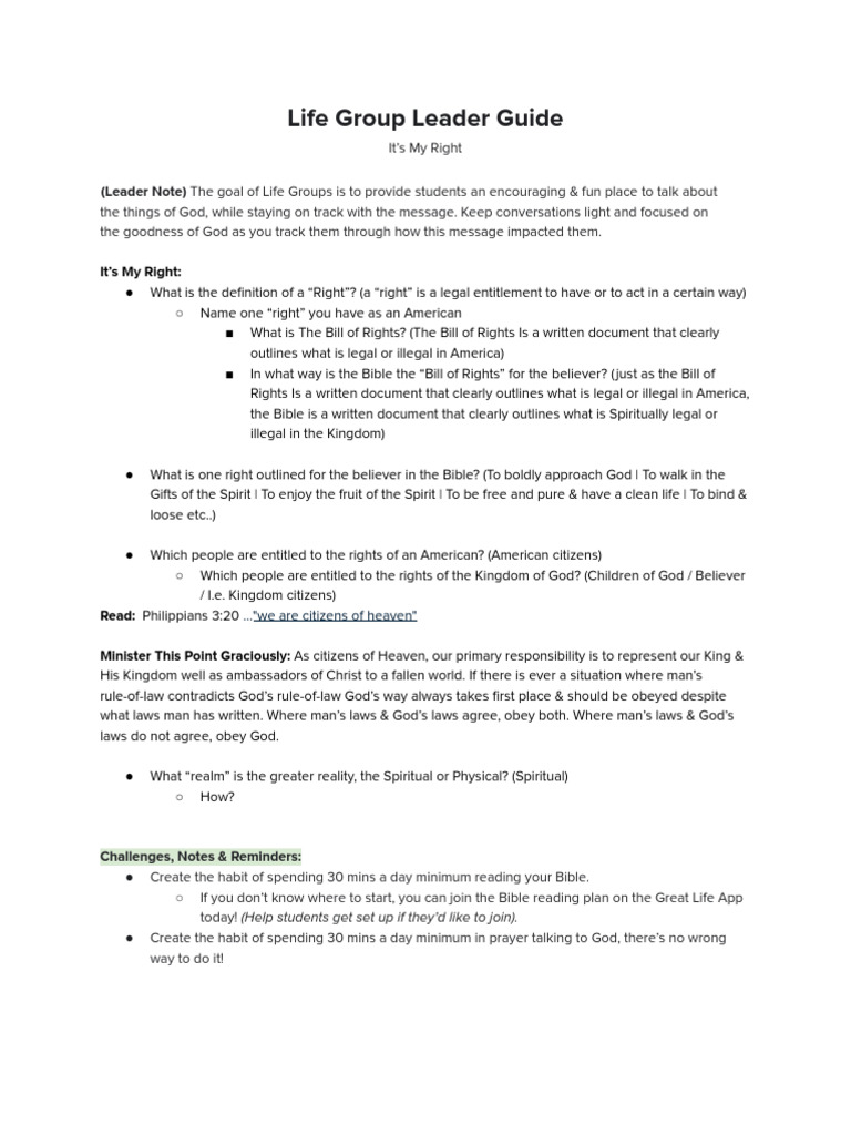 Life Group Leader Guide: Understanding Rights | PDF | God | Religious ...