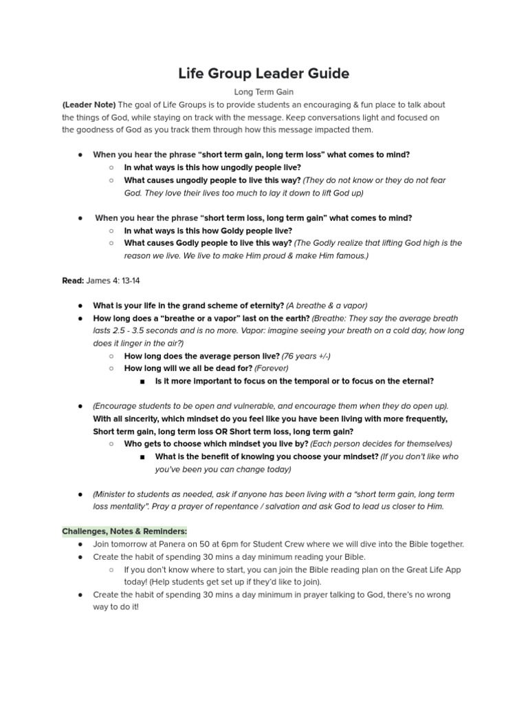 Life Group Leader Guide - Long Term Gain | PDF | Religious Belief And ...