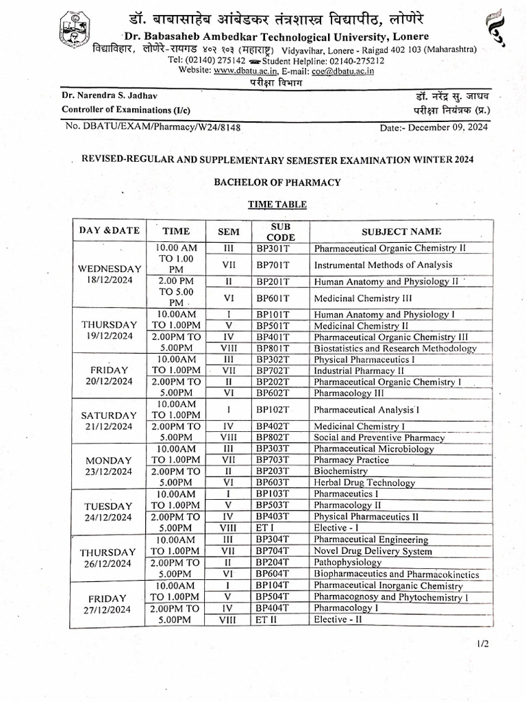 Revised Time Table- Pharmacy Winter 2024 | PDF