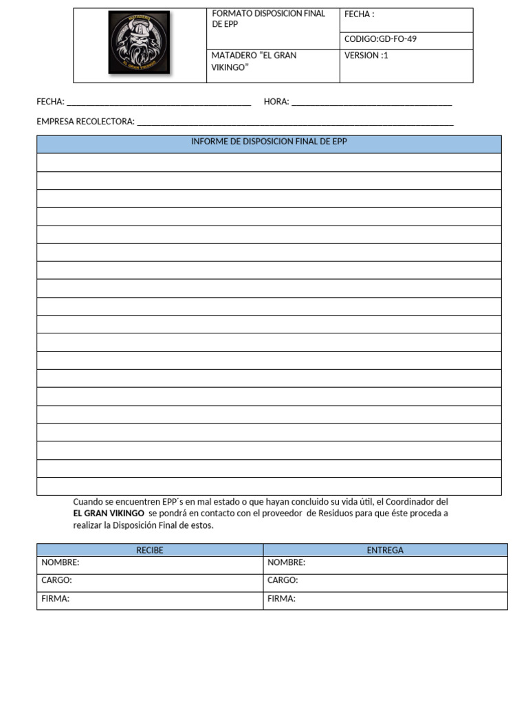 Gd Fo 49 Formato Disposicion Final Epp | PDF