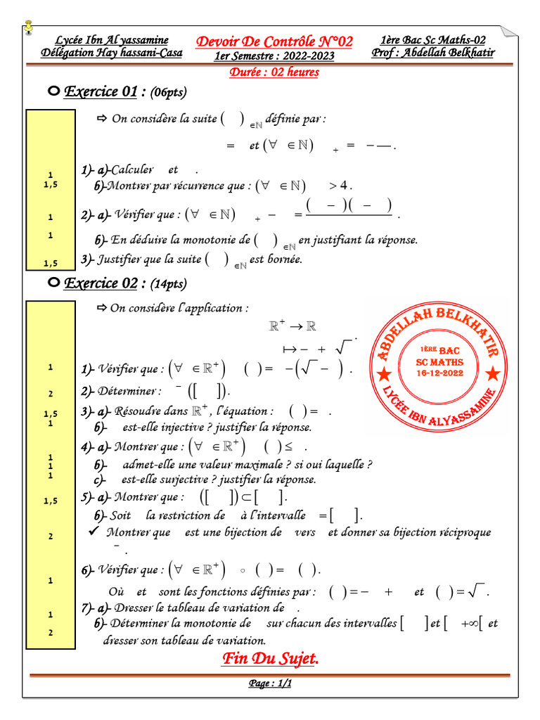 Devoir de Maths 1ère Bac Science 2022-2023 | PDF | Logique mathématique ...