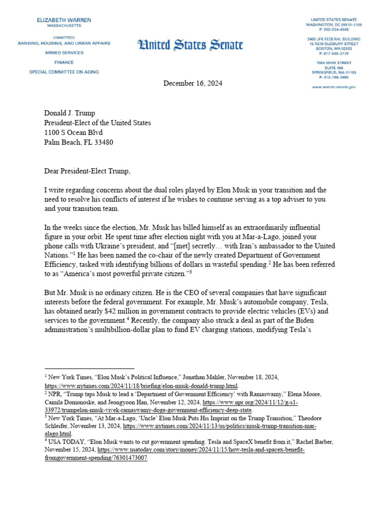 Warren Letter To Trump 12-16-24 | PDF | Elon Musk | Space X