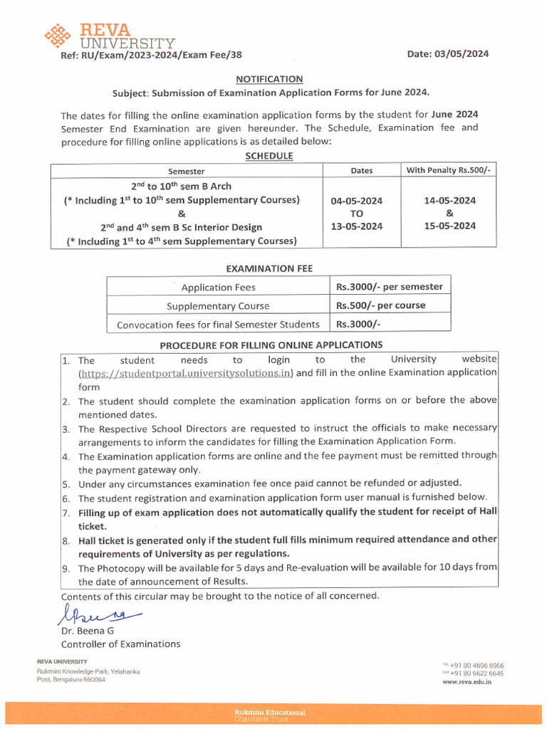 Notification - Examination Fee - 1st To 10th Sem B Arch & 1st To 4th ...