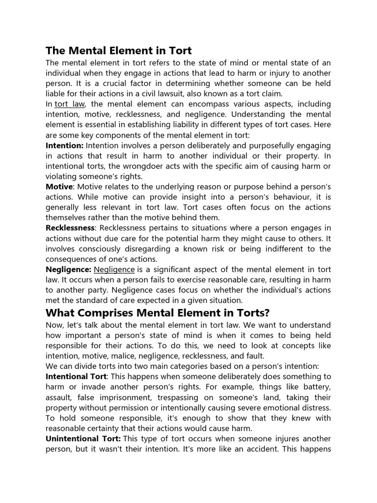 The Mental Element in Tort | PDF | Tort | Mens Rea