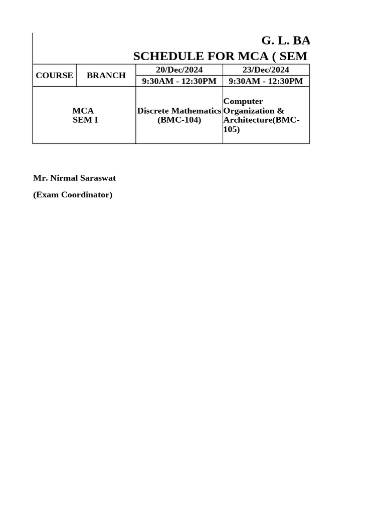St-2 Exam Schedule (Mca Ist Sem) | PDF