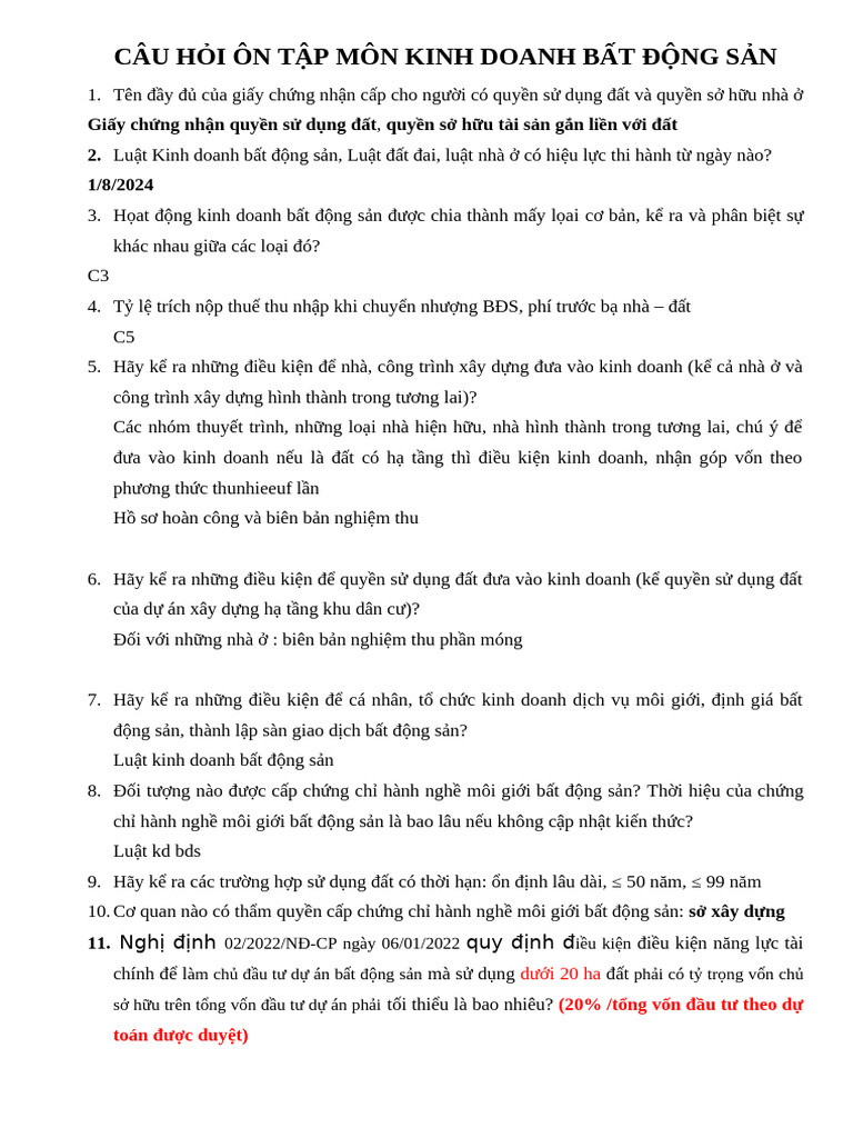 Cau Hoi On Tap | PDF