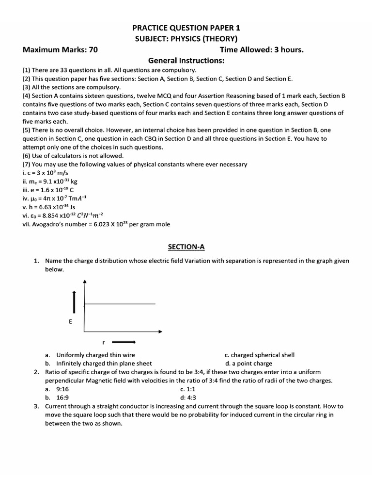 PHYSICS PRACTICE QUESTION PAPER 1 - Grade 12 | PDF