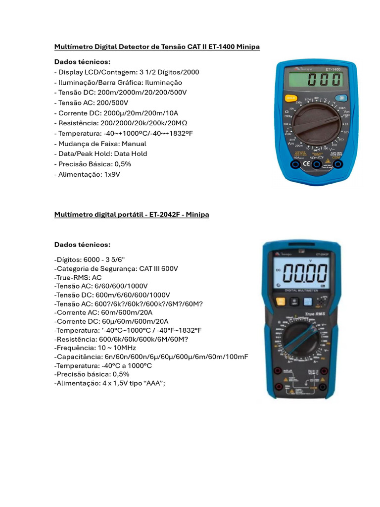 Multímetros Digitais Minipa: ET-1400 e ET-2042F | PDF