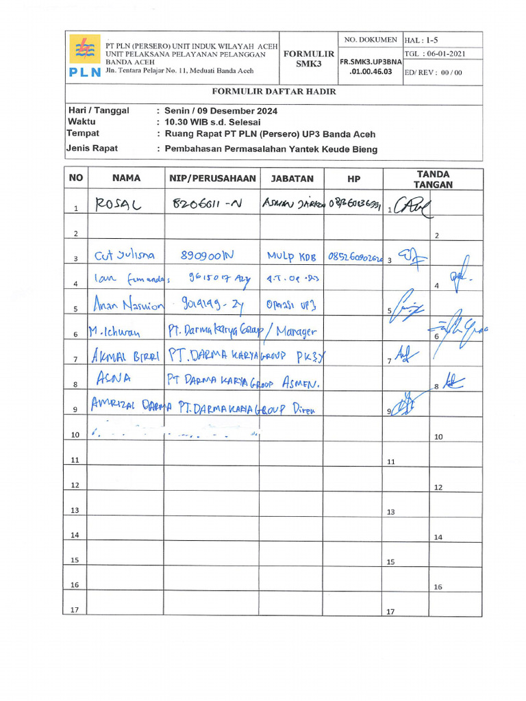Absensi Rapat Yantek KDB | PDF