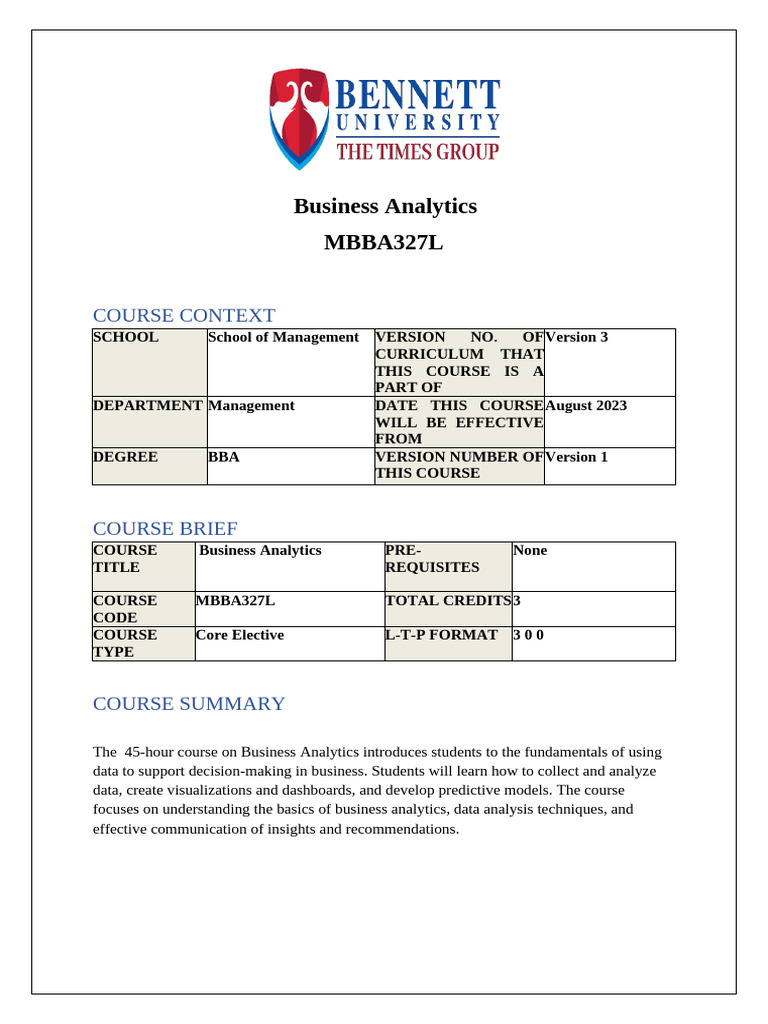 MBBA327L - Business Analytics - 2023-24 Odd Semester | PDF | Analytics | Data Analysis