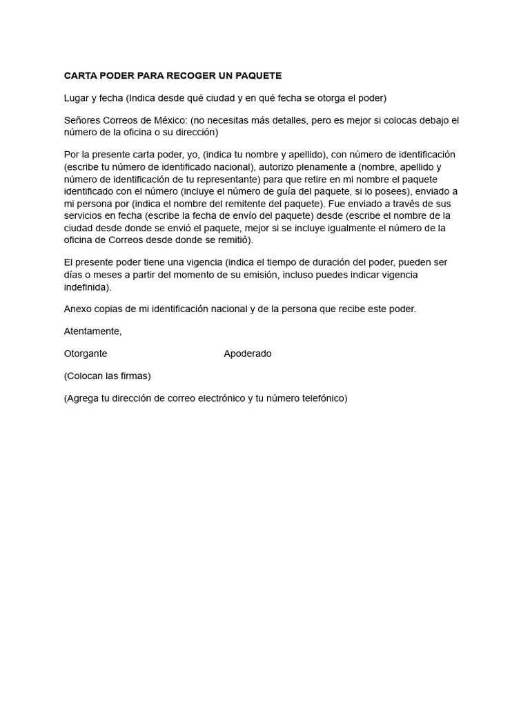 Modelo de Carta Poder para Recoger Un Paquete en Correos de Mexico ...