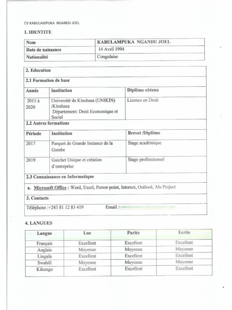 CV KABULAMPUKA NGANDU JOEL | PDF