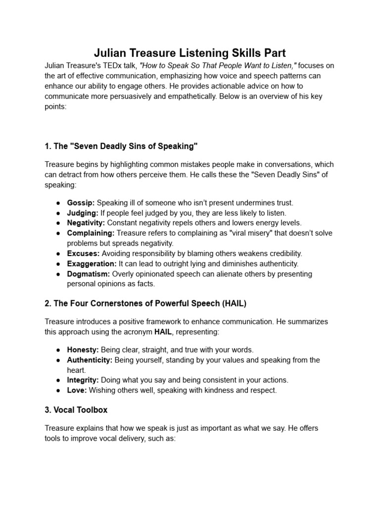 Julian Treasure Listening Skills Part | PDF | Human Voice | Human Communication