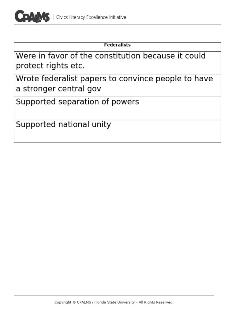 100724 Federalist and Anti-Federalist Note Catcher | PDF