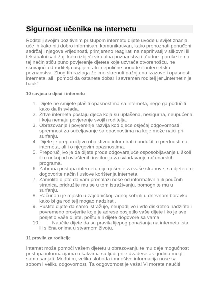 Sigurnost Učenika Na Internetu Predavanje | PDF