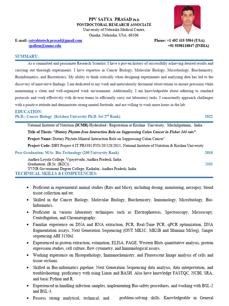 PPV Satya Prasad_Curriculum Vitae_Postdoctoral Associate INDIA | PDF | Real Time Polymerase ...