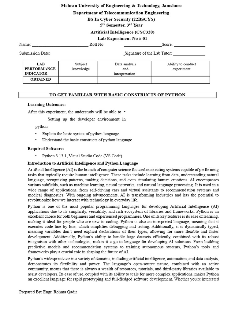 Lab 01 Basic Constructs Of Python Pdf Artificial Intelligence Intelligence Ai And Semantics