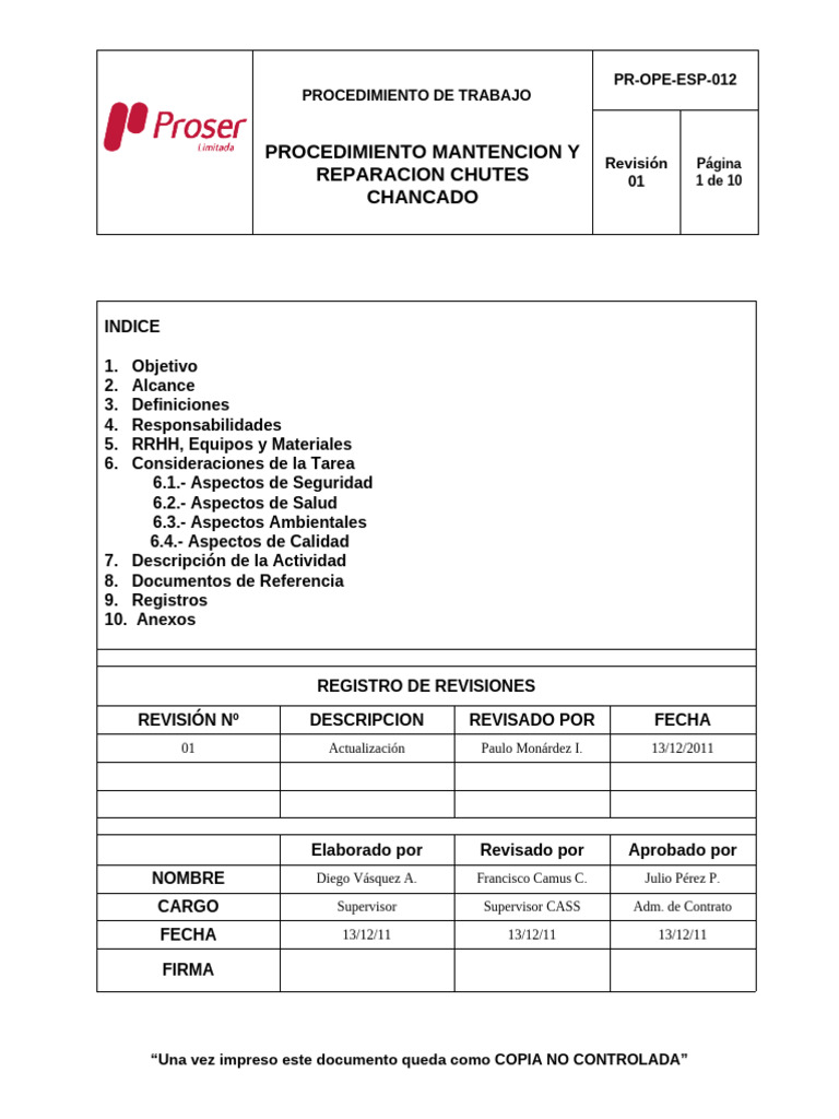 Pr-Ope-Esp-012 Procedimiento Mantención y Reparación Chutes Chancado ...