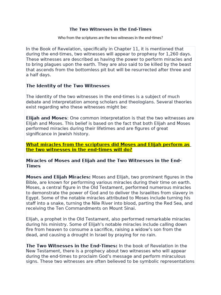 The Two Witnesses in The End | PDF | Elijah | Moses