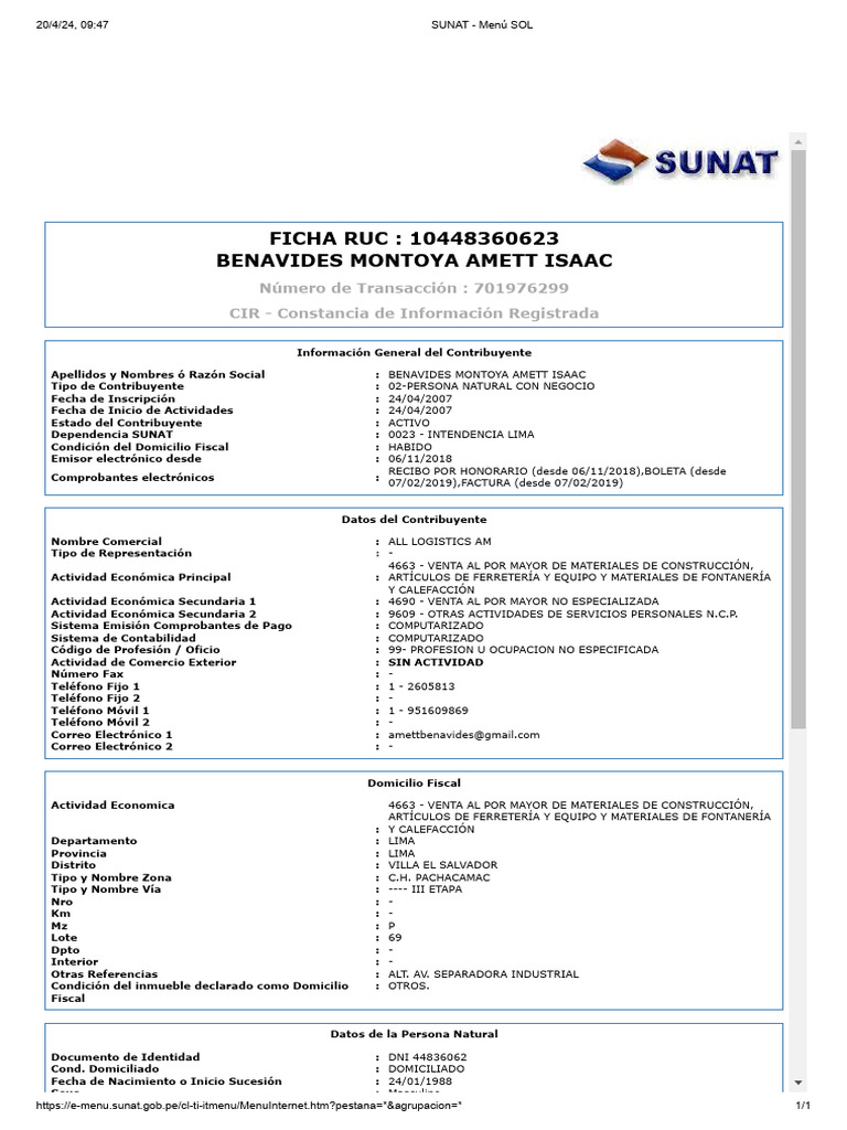 Sunat - Amett Isaac Benavides | PDF | Documento de identidad ...