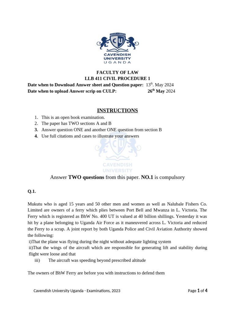 Exam Civil Procedure 1 Llb411 Pdf Lawsuit Summons