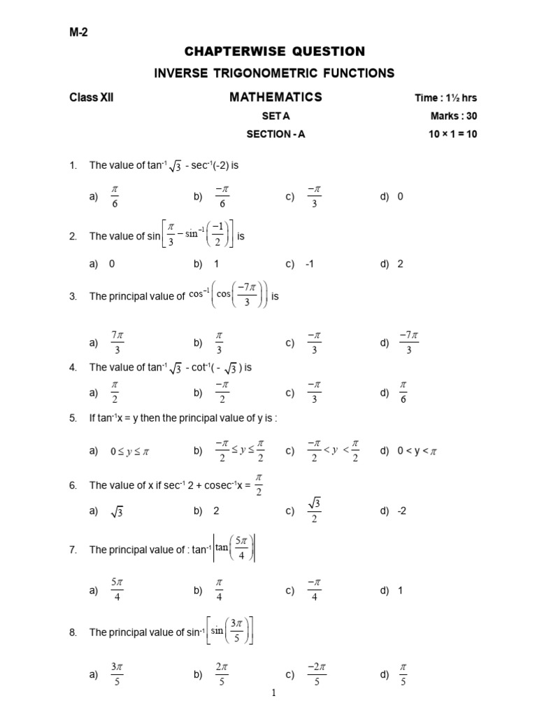 Inverse Trigonometric Functions Quiz | PDF | Trigonometric Functions ...