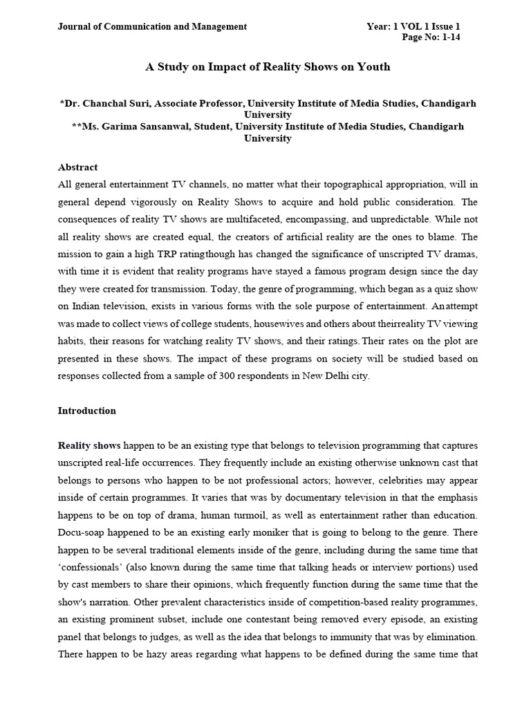 A Study On Impact of Reality Shows On Youth | PDF | Reality | Reality ...