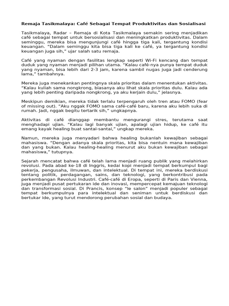 Aktifitas Pemuda Kota Tasikmalaya Di Cafe | PDF