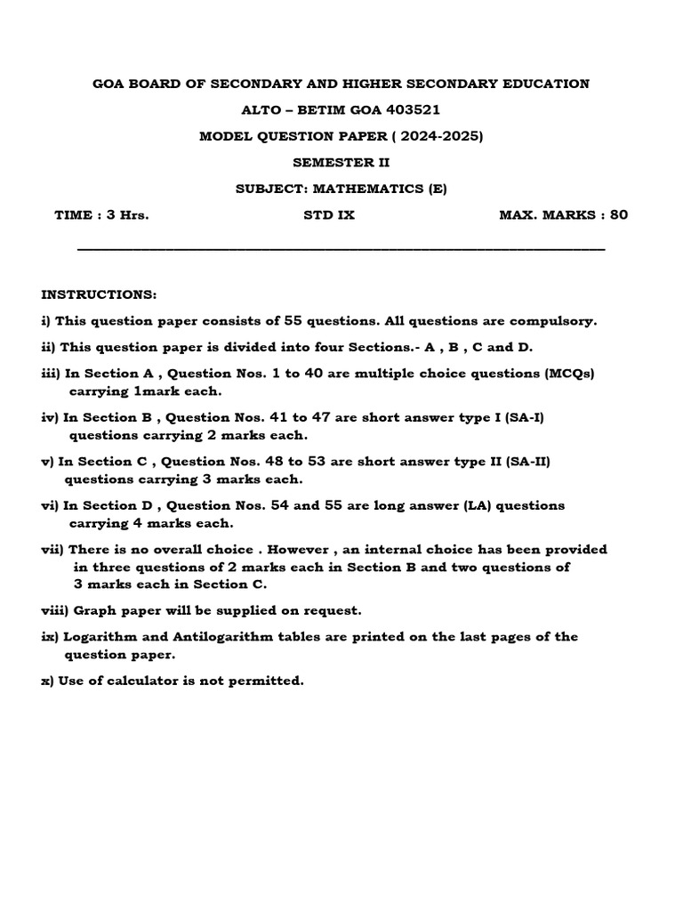 Class 9 Maths Model Paper 2024-25 | PDF | Area | Circle