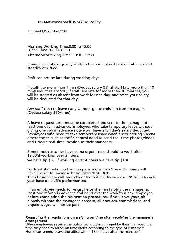 PB Networks Working Policy 1, December, 2024 | PDF | Salary | Labor