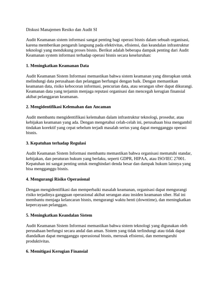 Diskusi Manajemen Resiko dan Audit SI | PDF