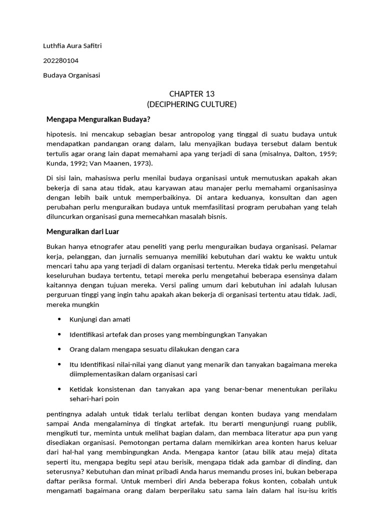 Luthfia Aura Safitri - Resume CH 13 - Budaya Organisasi | PDF