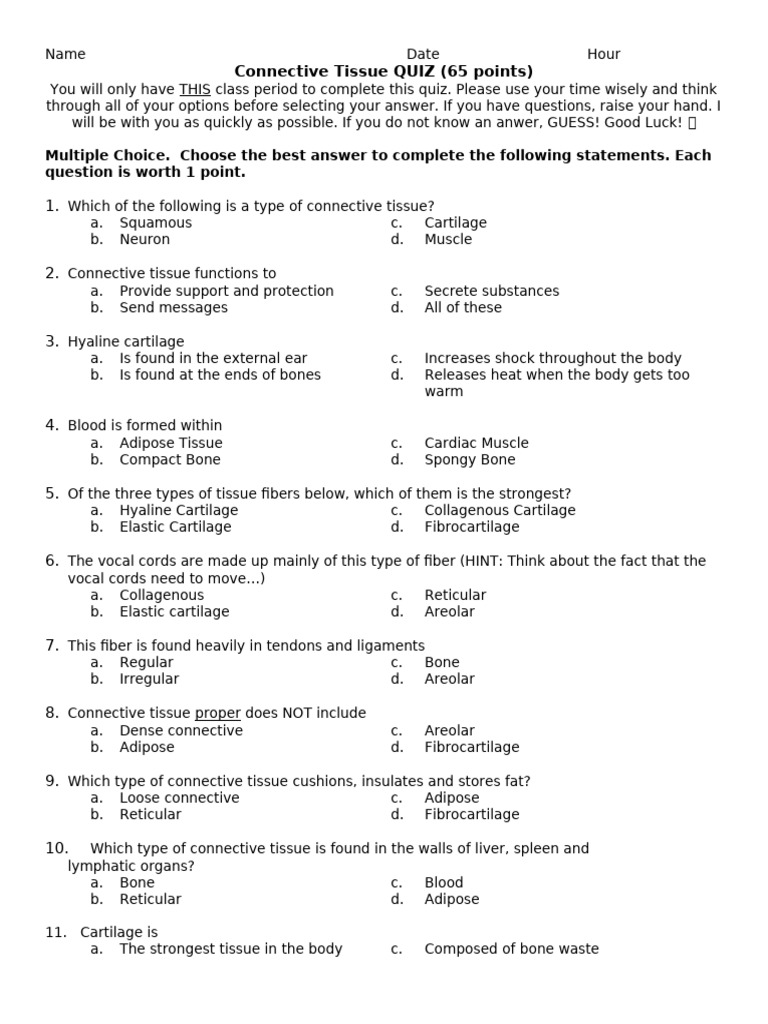 HistologyConnectiveTissueQuiz-1 (1) | PDF | Connective Tissue | Tissue ...
