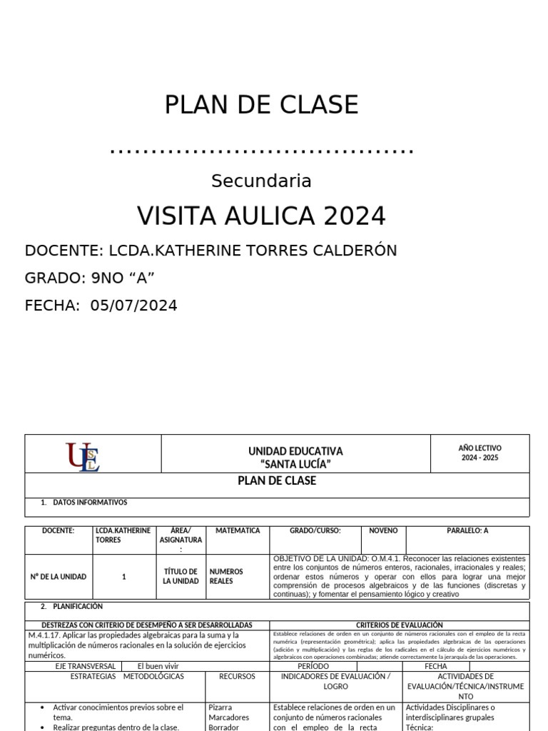 PLAN DE CLASE VISITA AULICA 2024 | PDF | Número racional | Multiplicación