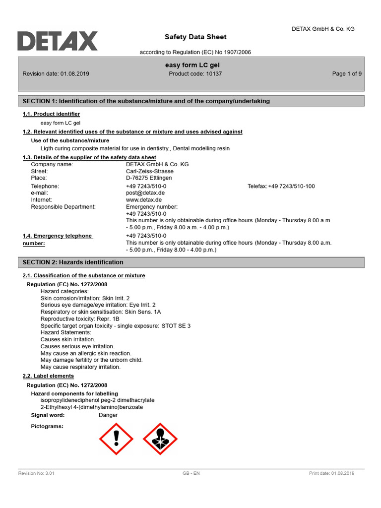 MSDS easy-form-LC-gel EN 3-01 10137 N | PDF | Toxicity | Dangerous Goods