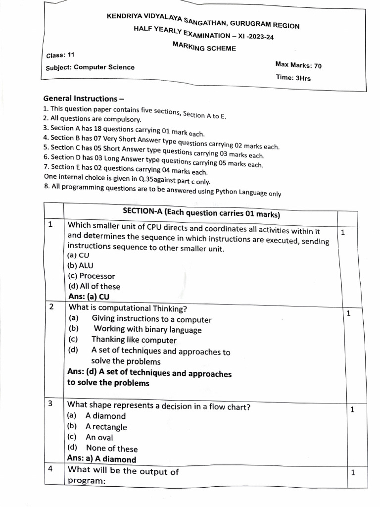 Xi Half Yearly QP 2023 Cs | PDF | Byte | Computer Science
