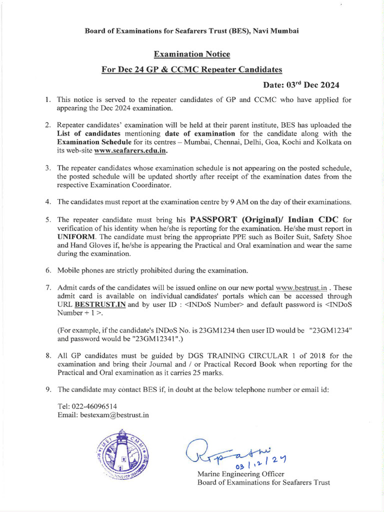Examination NOTICE For GP CCMC Repeaters December 2024 Examination | PDF