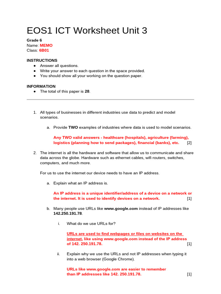 Grade 6 ICT Based On EOS1 Worksheet Unit 3 - Revision - (ANSWER THE QUESTIONS BEFORE LOOKING IN ...