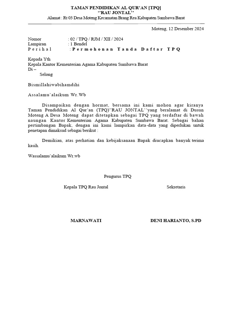 Surat Permohonan Tanda Daftar TPQ | PDF