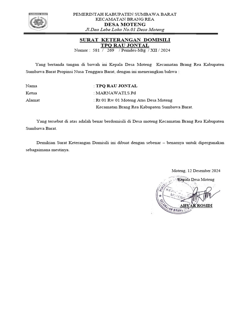 SURAT KETERANGAN DOMISILI TPQ RAU JONTAL | PDF