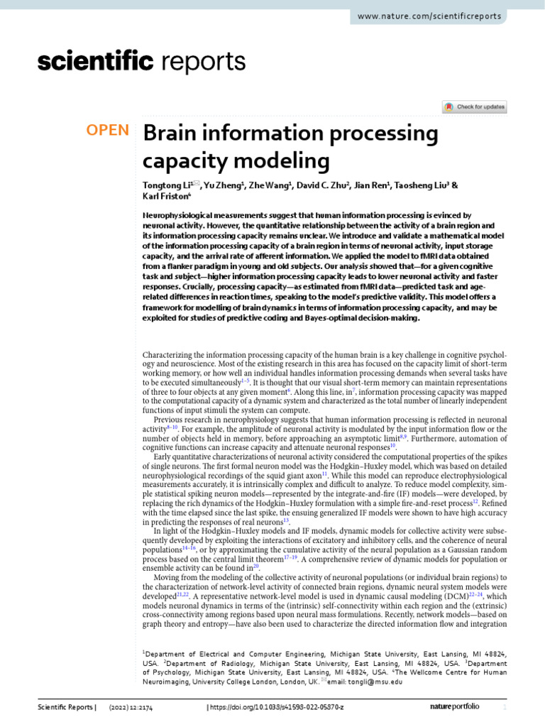 Brain Information Processing Capacity Modeling | PDF | Information | Brain