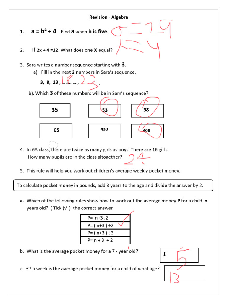 Pocket Money Calculation and Algebra Exercises | PDF