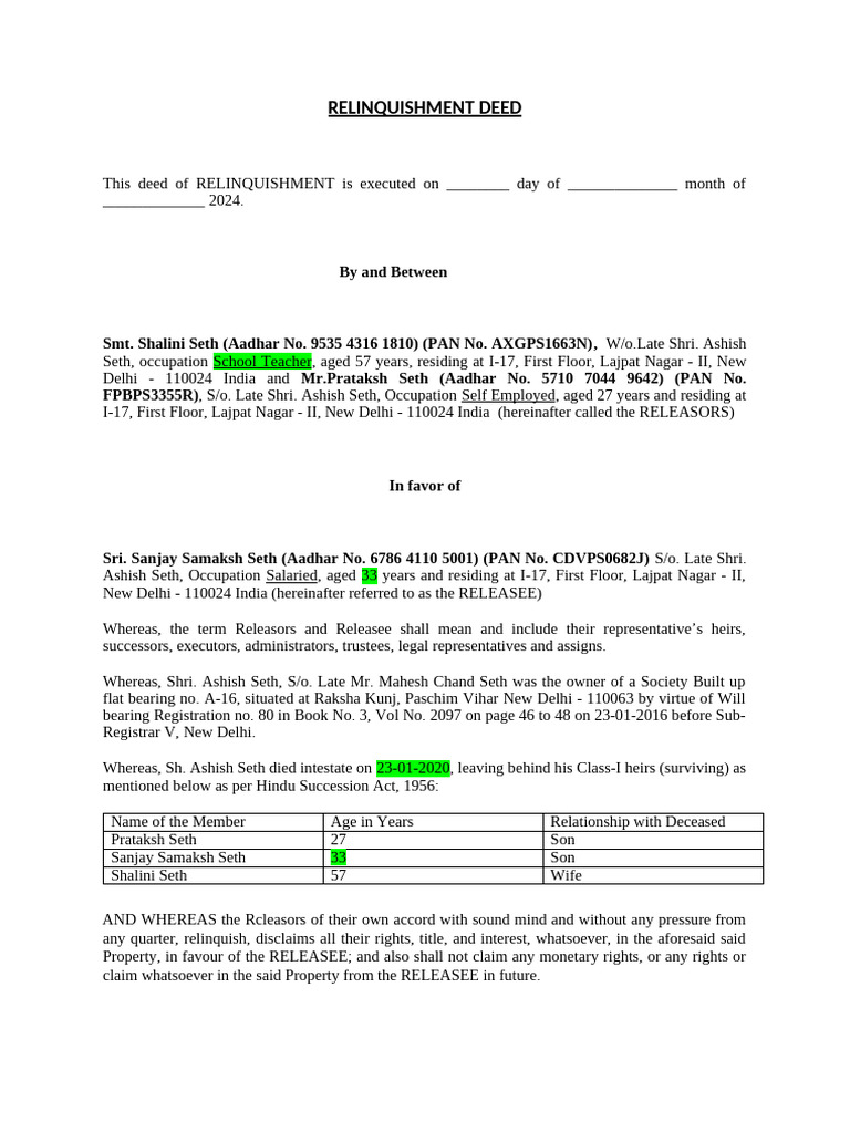 Relinquishment Deed 080424 | PDF | Private Law | Common Law