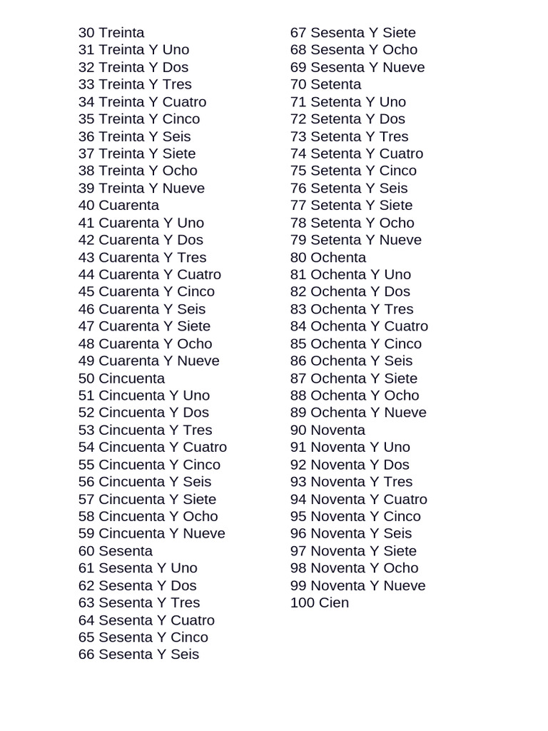 Números del 30 al 60 en letras | PDF