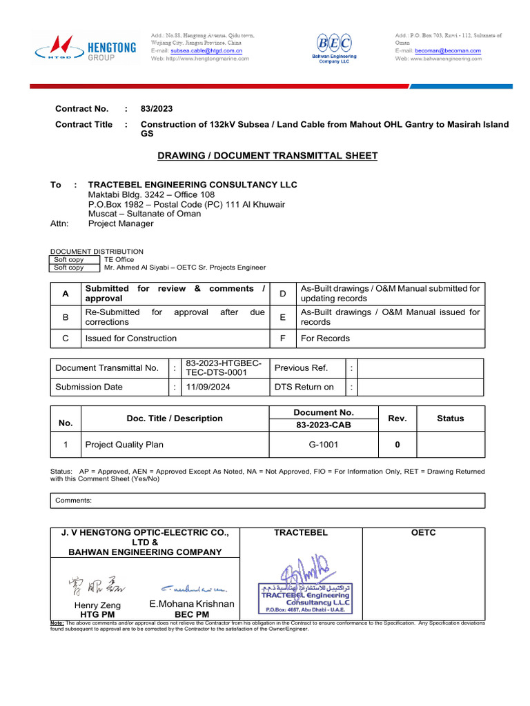 132kV Subsea Cable Project Quality Plan | PDF | Written Communication