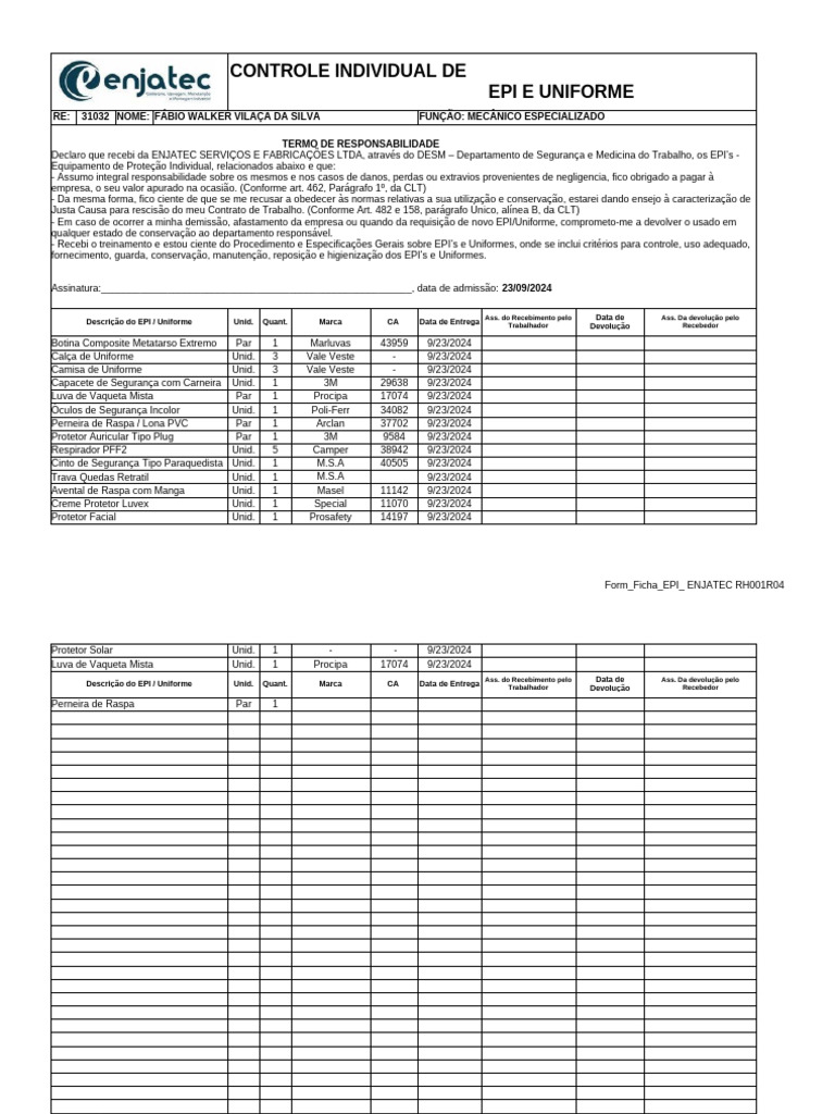 Fichas de Epi Enjatec - Rhi Magnesita Atualizada Fábio Walker | PDF | Ambiente de trabalho ...