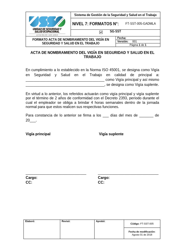 FT-SST-005 Formato Acta de Nombramiento Del Vigia en Seguridad y Salud en El Trabajo | PDF