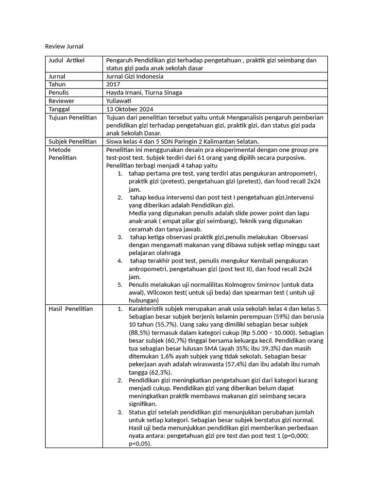 Review Jurnal Pendidikan Gizi | PDF