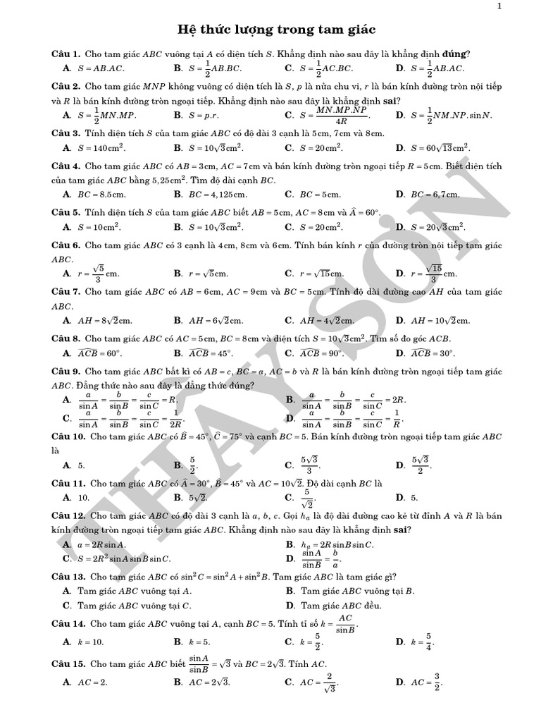 trac nghiem he thuc luong trong tam giac | PDF